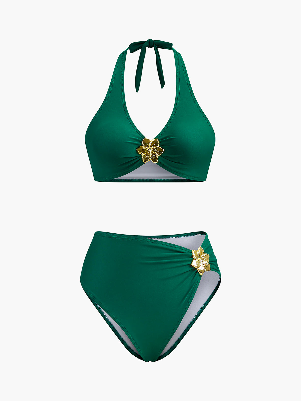 Metal Flower Detail Halter Bikini Set | COMMENSE