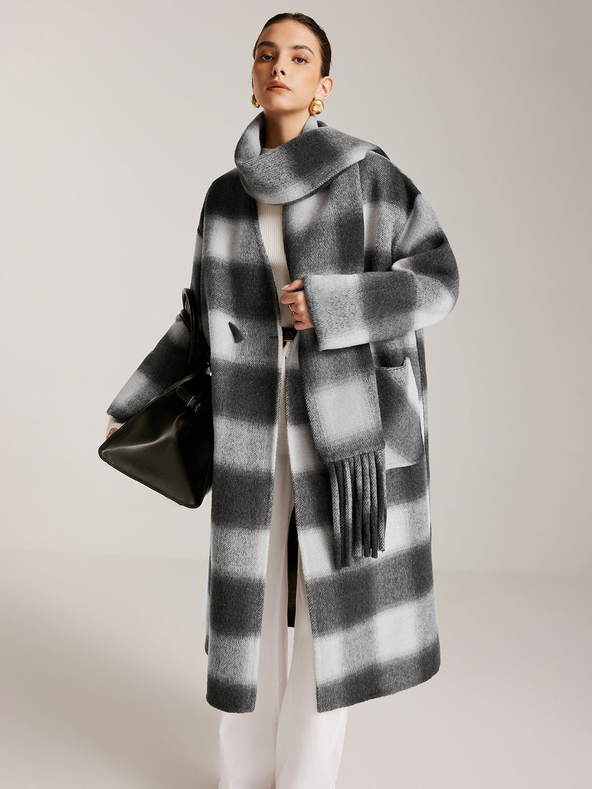 Wool-Blend Tweed Long Coat With Matching Tassel Scarf – COMMENSE