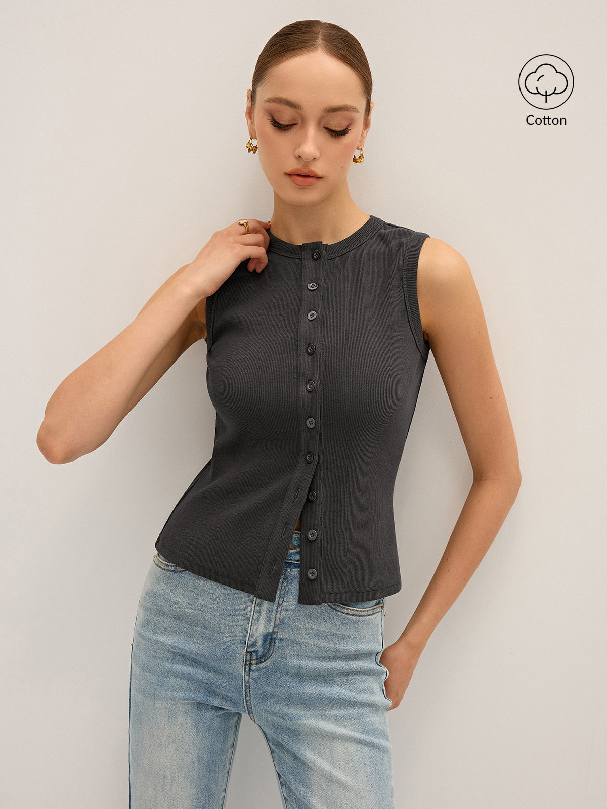 Cotton-Blend Ribbed Button Tank Top | COMMENSE