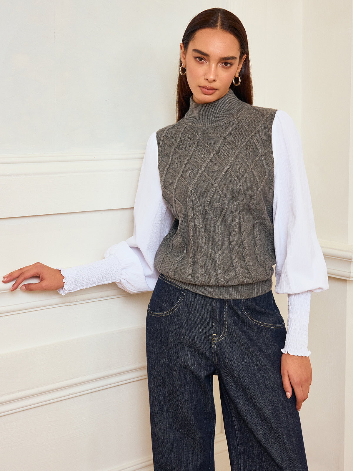 Leg-Of-Mutton Sleeve Panel Cable-Knit Sweater | COMMENSE