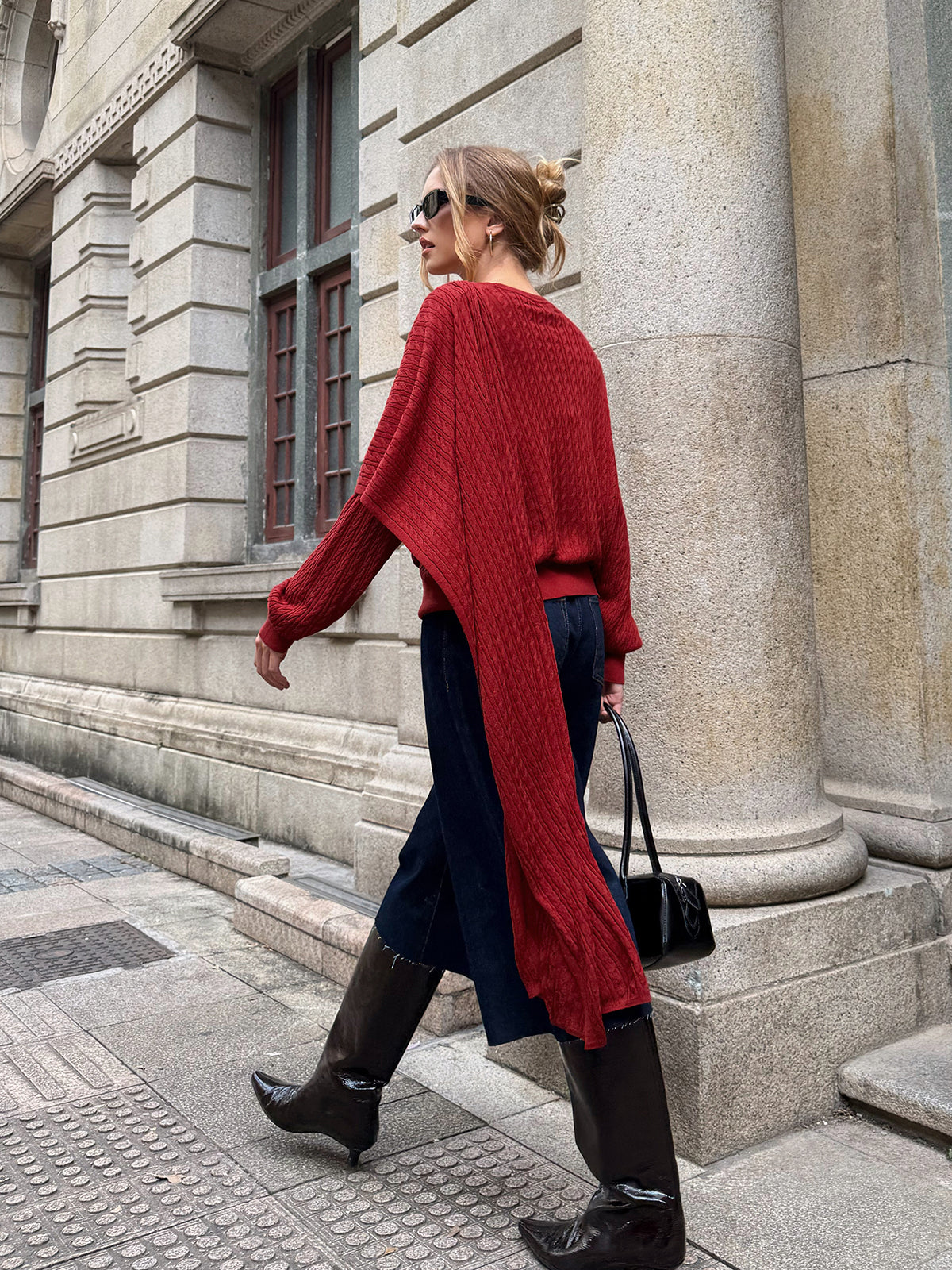Wool Blend Cable Knit Draped Asymmetric Sweater | COMMENSE